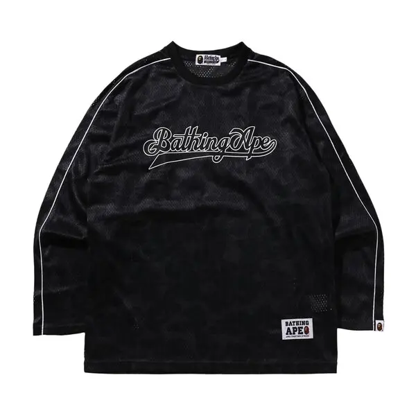 A BATHING APE Camo Stripe Baseball Logo Relaxed Fit Long-sleeve Tee - Black
