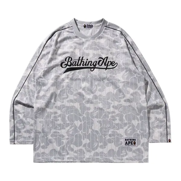 A BATHING APE Camo Stripe Baseball Logo Long-sleeve Tee - Grey
