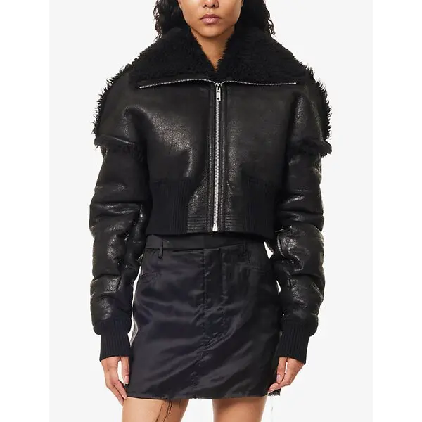 Rick Owens Exaggerated-Collar Cropped Shearling Jacket - Black