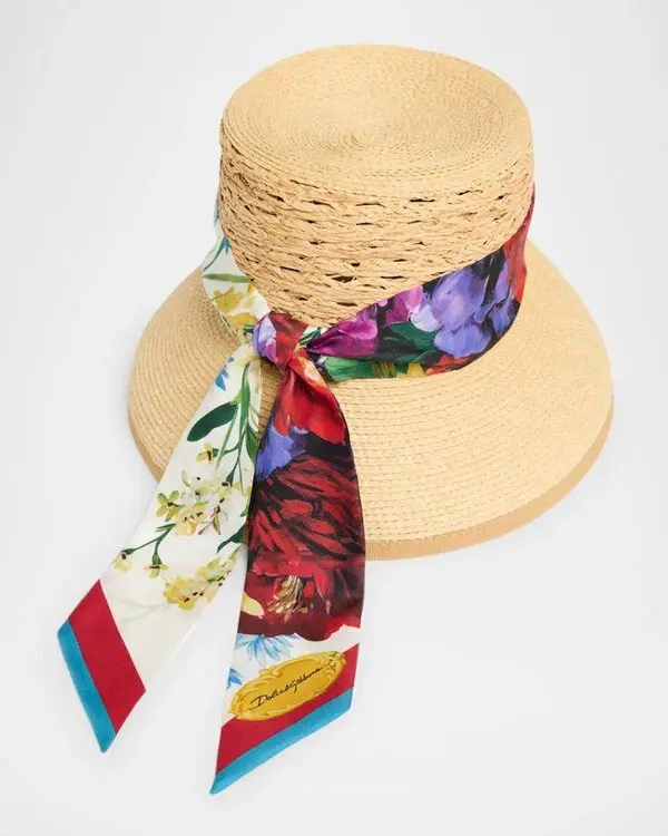 Dolce & Gabbana Raffia Bucket Hat With Silk Scarf - Beige