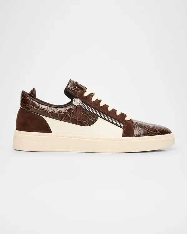 GIUSEPPE ZANOTTI Croc-effect And Suede Zip-up Low-top Sneakers - Caffe