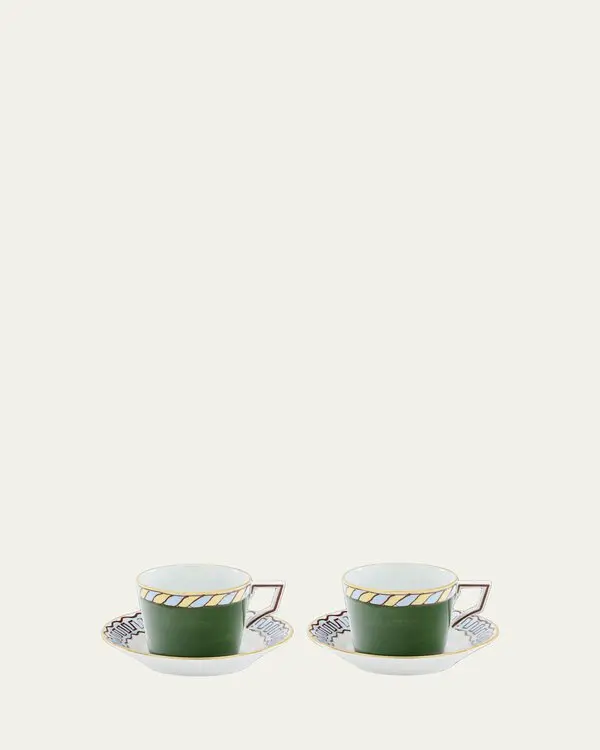 GINORI 1735 Il Viaggio Di Nettuno Luna 7.4 Oz. Teacups & Saucers, Set Of 2 - Multi