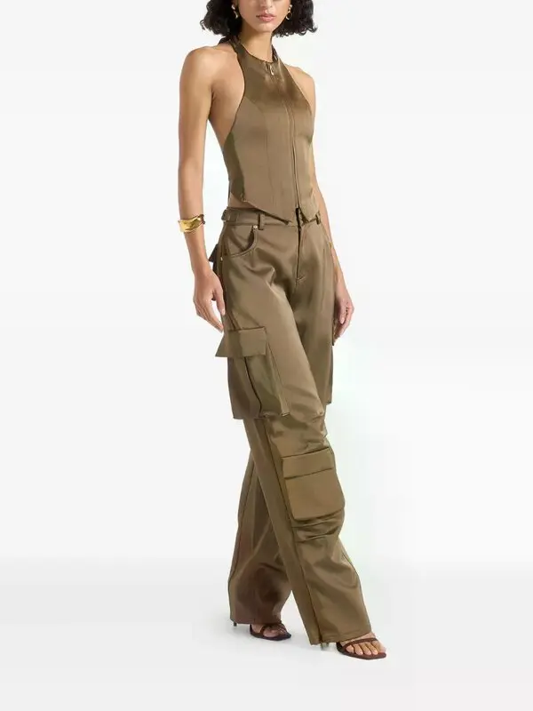 Manière De Voir Satin High Waisted Wide Leg Cargo Pants - Green