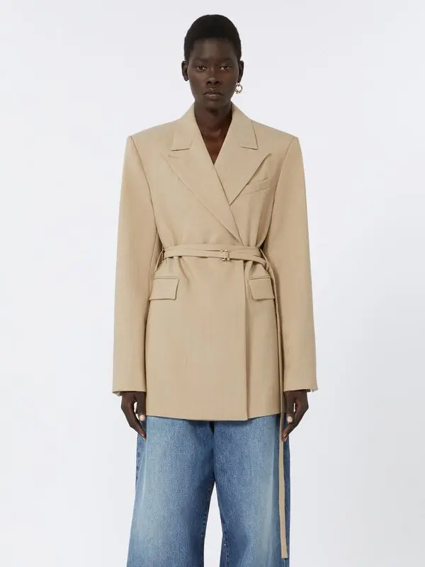 Max Mara Long Double-breasted Wool Blazer - Beige Shaded