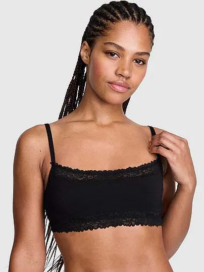 Pink Cotton Lace-trim Scoop Bralette - Black