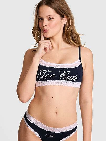 Pink Cotton Unlined Lace-trim Scoop Bralette - Blue