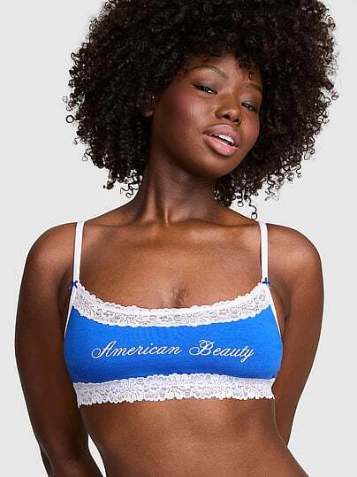 Pink Cotton Unlined Lace-trim Scoop Bralette - Blue
