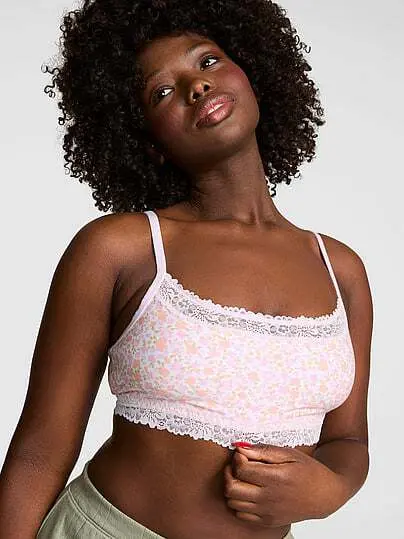 Pink Cotton Lace-trim Scoop Bralette - Floral