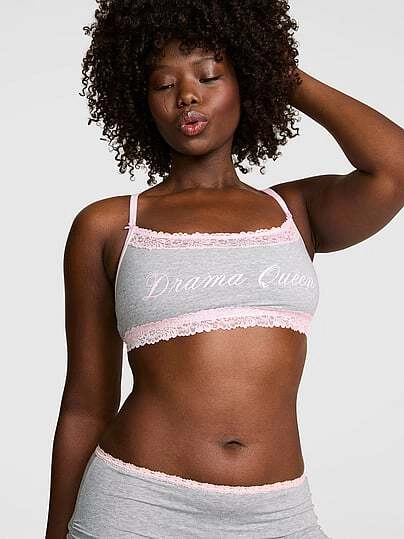 Pink Cotton Unlined Lace-trim Scoop Bralette - Grey