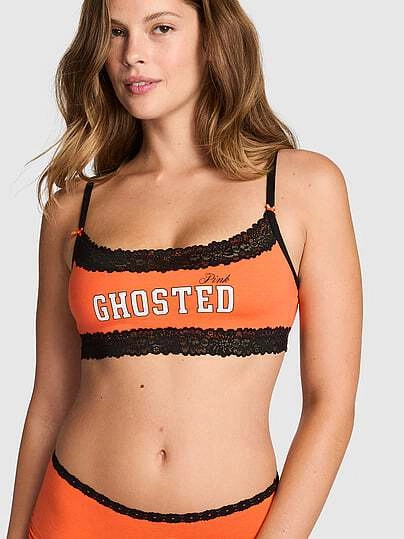Pink Cotton Unlined Lace-trim Scoop Bralette - Orange