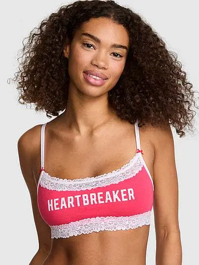 Pink Cotton Lace-trim Scoop Bralette - Pink