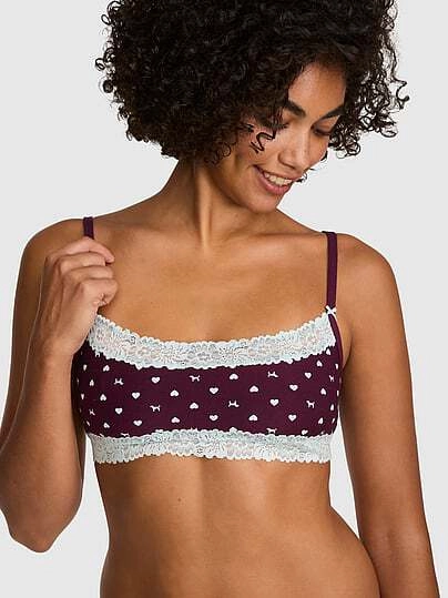 Pink Cotton Unlined Lace-trim Scoop Bralette - Print
