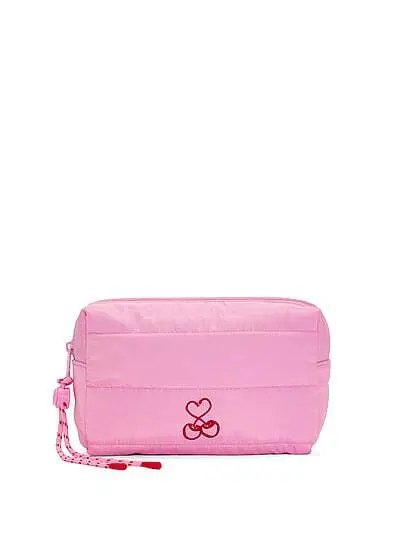 Pink Quilted Puffer Makeup Bag - Pink