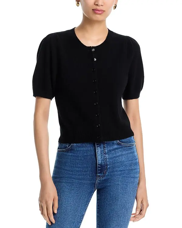 Aqua 100% Cashmere Short Puff Sleeve Cardigan - Black