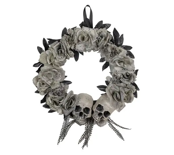 NORTHLIGHT Double Skull And Gray Roses Hallowee Wreath 16 - One-color