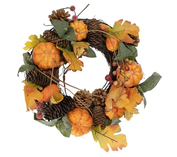 NORTHLIGHT Pumpkin & Pinecone Fall Harvest Wrea H 13.5 - One-color