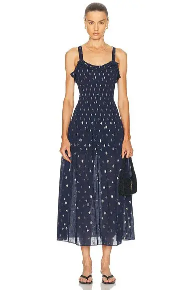 LoveShackFancy Hillaria Dress With Metallic Star Print - Celestial Navy