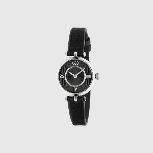 Gucci Watch With Black Leather Strap - Steel