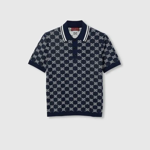 Gucci Gg Cotton Knit Jacquard Polo Shirt - Blue