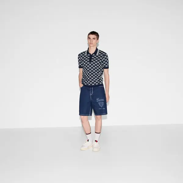 Gucci Gg Cotton Knit Jacquard Polo Shirt - Blue