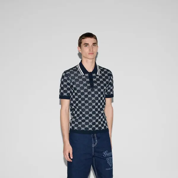 Gucci Gg Cotton Knit Jacquard Polo Shirt - Blue