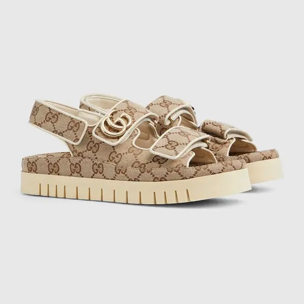 Gucci Gg Canvas Sandals With Double G Hardware - Beige