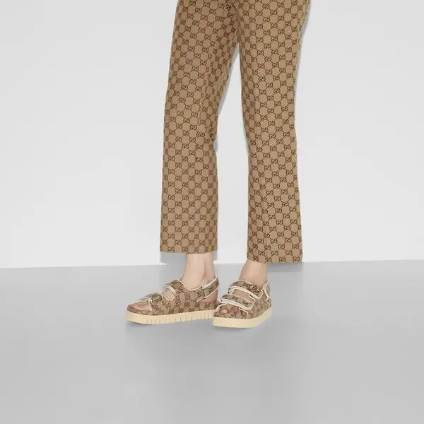Gucci Gg Canvas Sandals With Double G Hardware - Beige