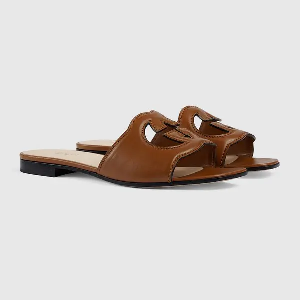 Gucci Slide Sandal With Interlocking G Leather - Brown