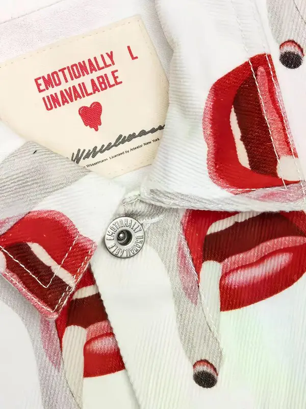 EMOTIONALLY UNAVAILABLE Smoking Lips Print Denim Jacket