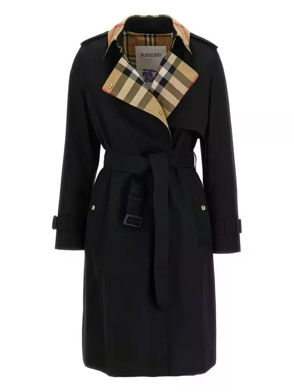 Burberry Check Pattern-collar Belted Trench Coat - Black