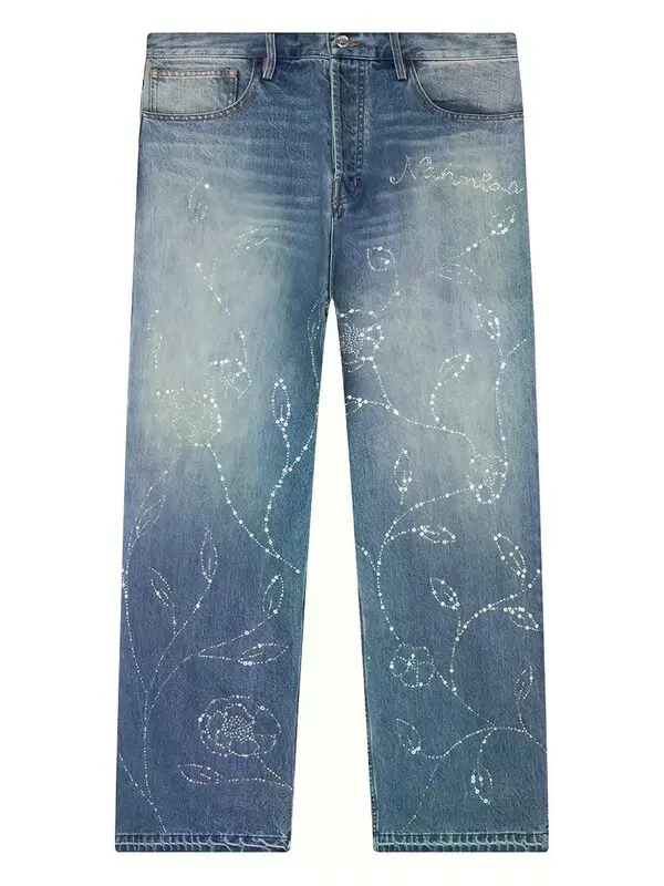 NAHMIAS Beaded Floral Embroidered Jeans - Blue