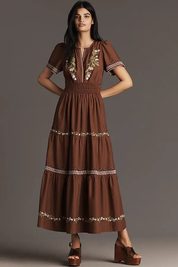 The Somerset Collection By Anthropologie The Somerset Embroidered Maxi Dress  In Root Beer - 21% Off | Editorialist