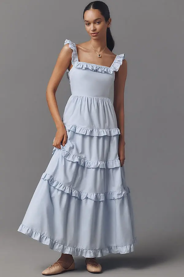 Square-neck Tiered Ruffle Midi Dress