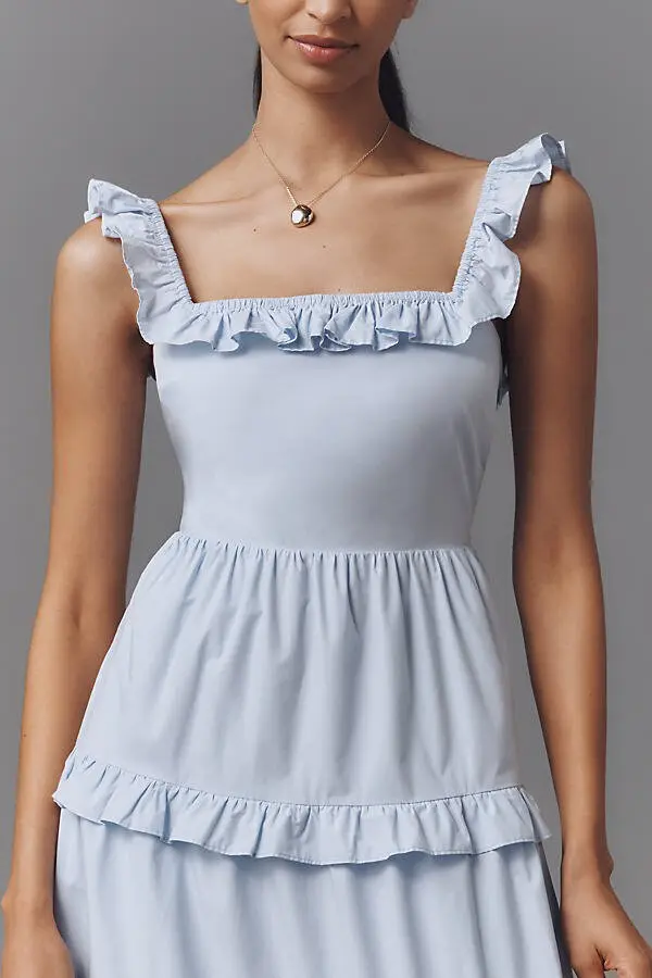 English Factory Square-Neck Tiered Ruffle Midi Dress In Blue - 33% Off |  Editorialist