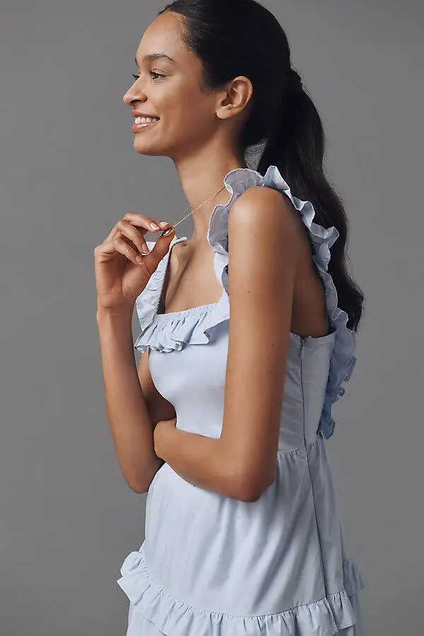 English Factory Square-Neck Tiered Ruffle Midi Dress In Blue - 33% Off |  Editorialist