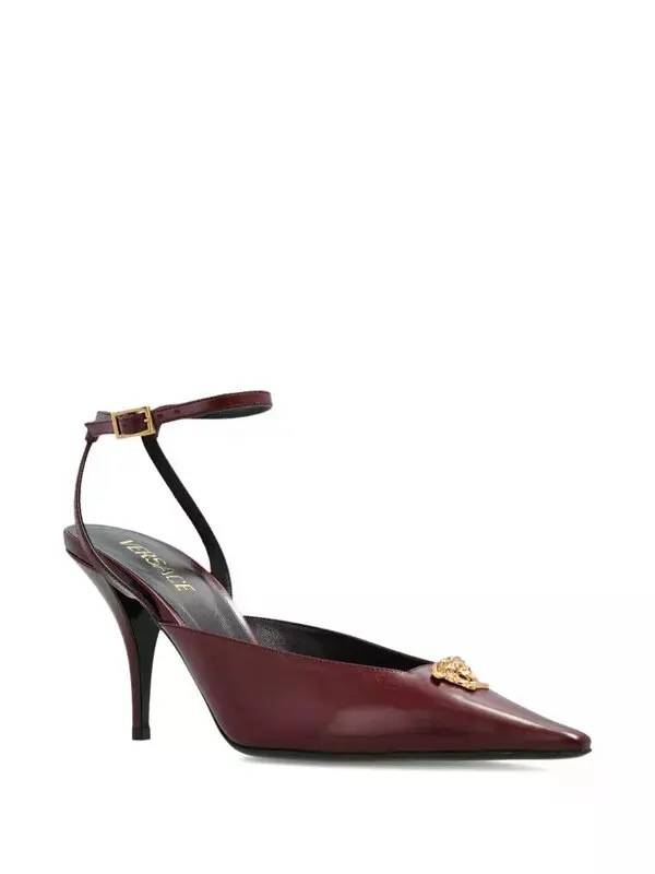 Versace La Medusa Leather Pointed Toe Pumps With Ankle Strap
