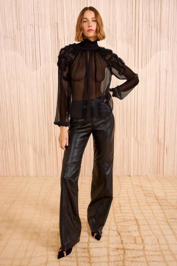 Ulla Johnson Magdalena Silk Smocked Long Sleeve Blouse - Noir