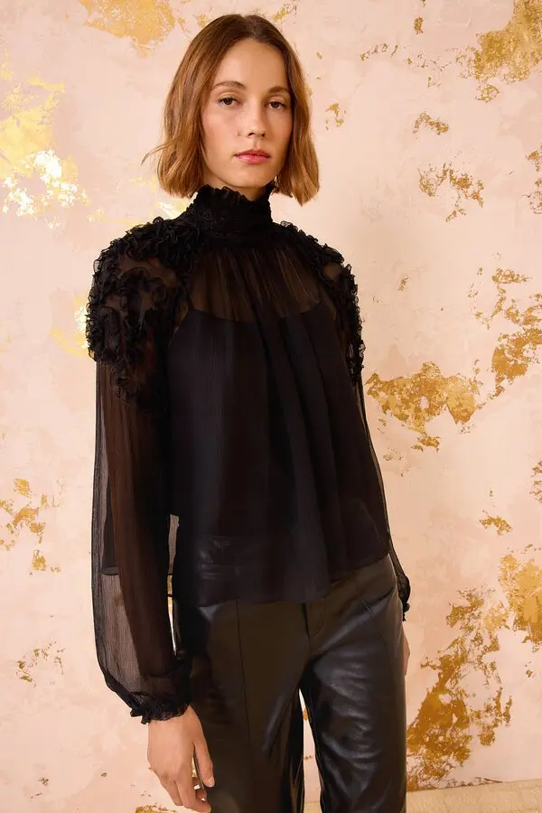 Ulla Johnson Magdalena Silk Smocked Long Sleeve Blouse - Noir