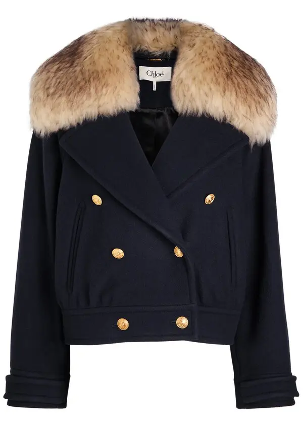 Chloé Fur-embellished Wool-blend Coat - Navy