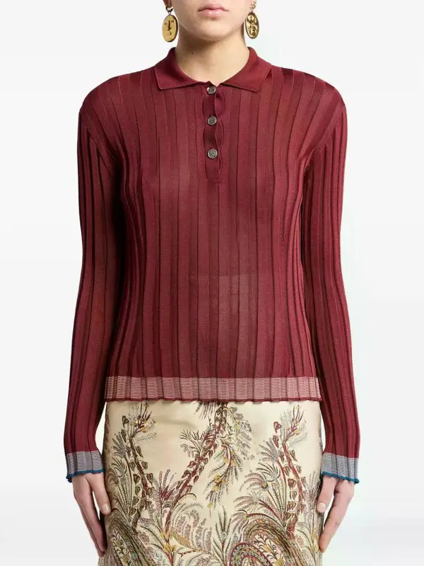 Etro Ribbed Knit Polo Top - Red