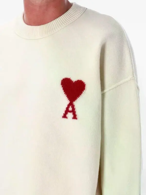 AMI Paris De Coeur Crewneck Wool Sweater - Neutrals
