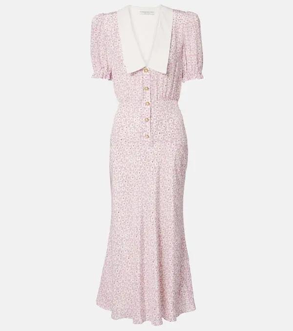 Alessandra Rich Flower Silk Midi Dress - Pink