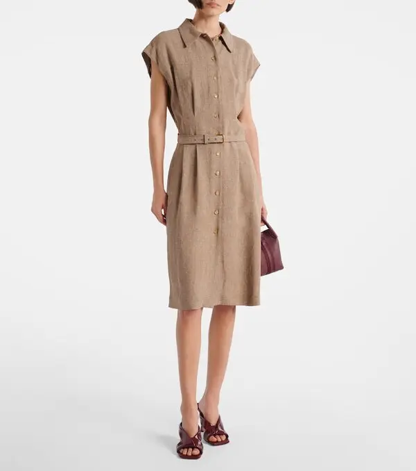Loro Piana Maise Belted Linen Crpe Shirt Dress - Brown | Editorialist