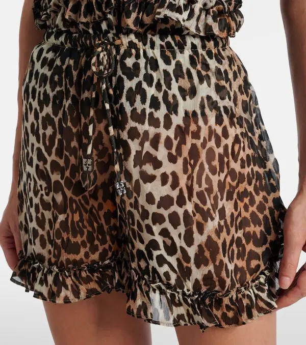 GANNI Leopard-print Ruffled Chiffon Shorts - Multicoloured