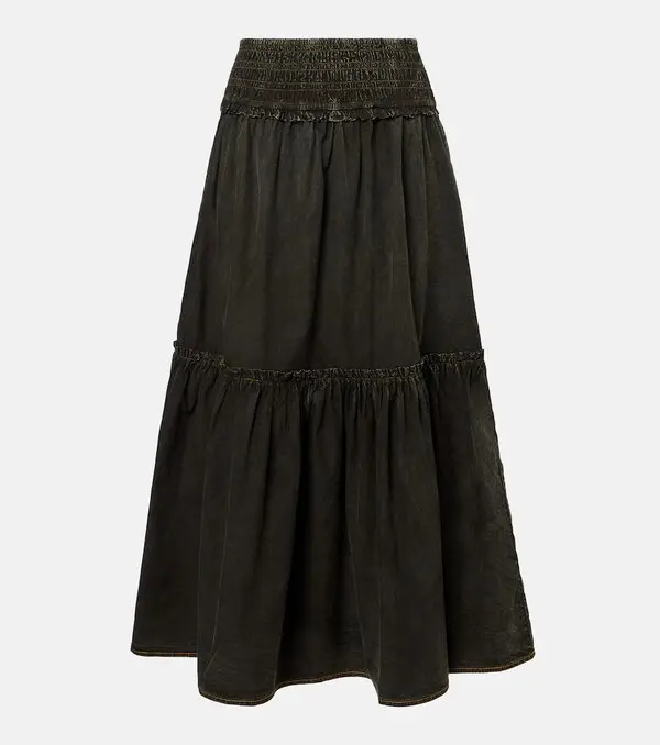 GANNI Smocked Tiered Organic Cotton Maxi Skirt - Black