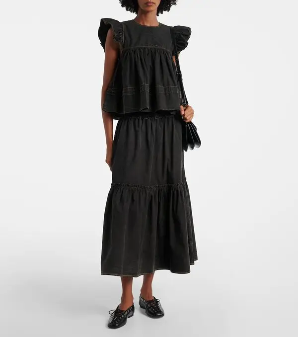 GANNI Smocked Tiered Cotton Maxi Skirt