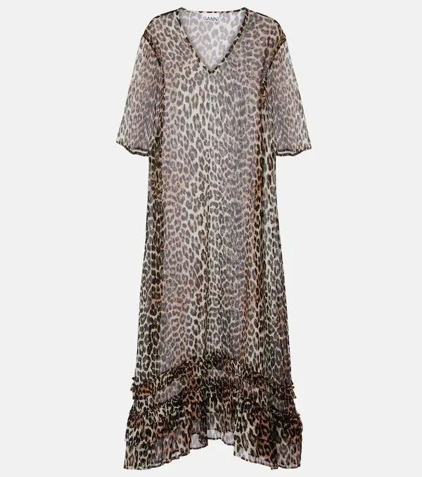 GANNI Leopard-print Sheer Chiffon Midi Dress - Multicoloured