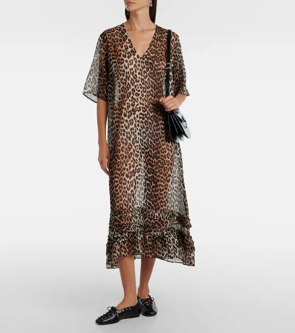 GANNI Leopard-print Sheer Chiffon Midi Dress