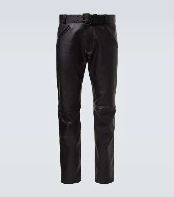 Saint Laurent Belted Leather Straight Pants - Black
