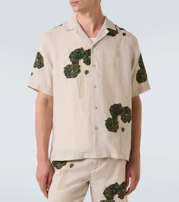 Frescobol Carioca Roberto Floral Linen Bowling Shirt - Beige